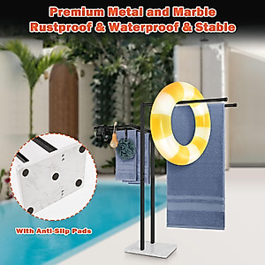HarJue Towel Rack for Bathroom, 34” H Towel Holder Stand with 7 Bar, Bath Towel Sheet Holder with Marble Base, Standing Towel Rack for Home Pool Outdoor Floor, Store Family Member Towel (Black)