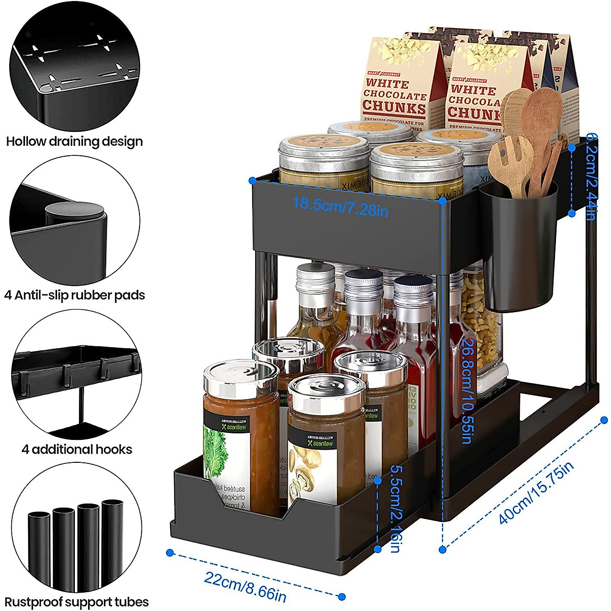 Under Sink Organizers and Storage, Under Sink Storage, 2 Tier Under bathroom Sink Organizer, Sliding Drawer Under Sink Storage for Kitchen with 4 Hooks & 1 Hanging Cup,Multi-purpose Organizer（Black）
