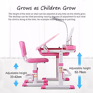 Cantonape Kids Desk and Chair Set, Height Adjustable Children School Study Desk with Tilt Desktop, Bookstand, LED Lamp, Metal Hook and Storage Drawer for Boys Girls, (Pink)