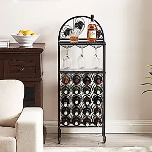 VECELO Freestanding Wine Rack Bar Table Holder, Tempered Glass Top, Liquor Display Shelf Stand for Home Kitchen Pub, 20 Bottles, Black