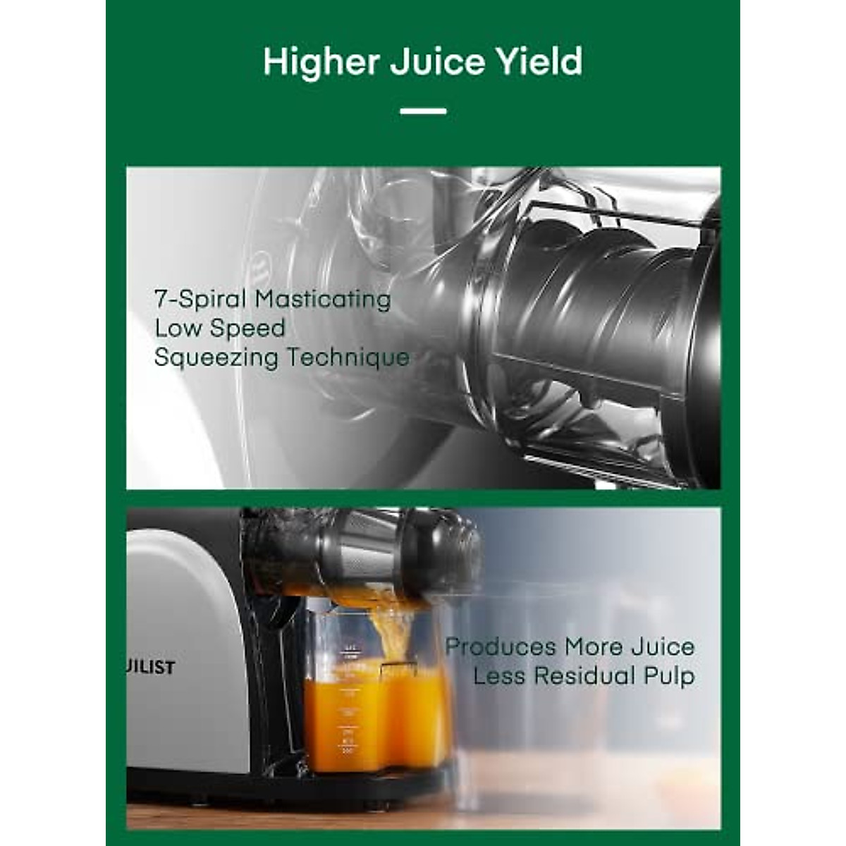 Masticating Juicer Machines, Juilist Cold Press Juicer Extractor with Quiet Motor & Reverse Function for Vegetables and Fruits, Slow Juicer Machine Easy to Clean with Brush, Recipe Included