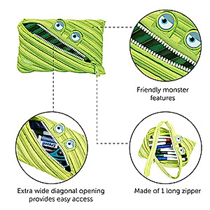 ZIPIT Wildlings Large Pencil Case for Boys, Pouch Holds Up to 60 Pens, Made of One Long Zipper! (Green)