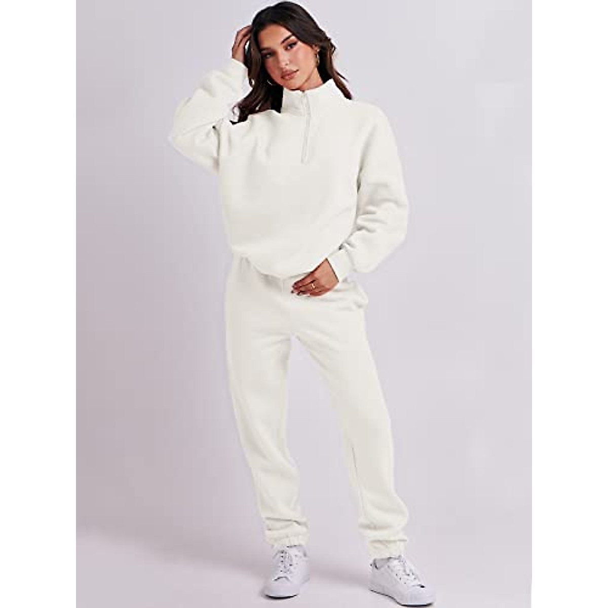 Prinbara Women's 2023 Fall Fashion Outfits 2 Piece Sweatsuit Solid Color Long Sleeve Pullover Long Pants Tracksuit 7PA76-baise-L