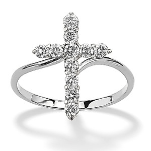 Savlano 18K White Gold Plated Round Cut Cubic Zirconia Vertical Cross Bypass Band Ring Women's Religious Ring (7)
