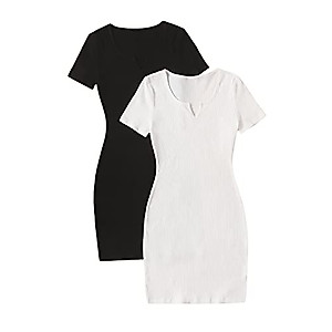 SOLY HUX Girl's 2 Piece Notched Neck Short Sleeve Ribbed Knit Bodycon Mini Dress Black White 8-9Y