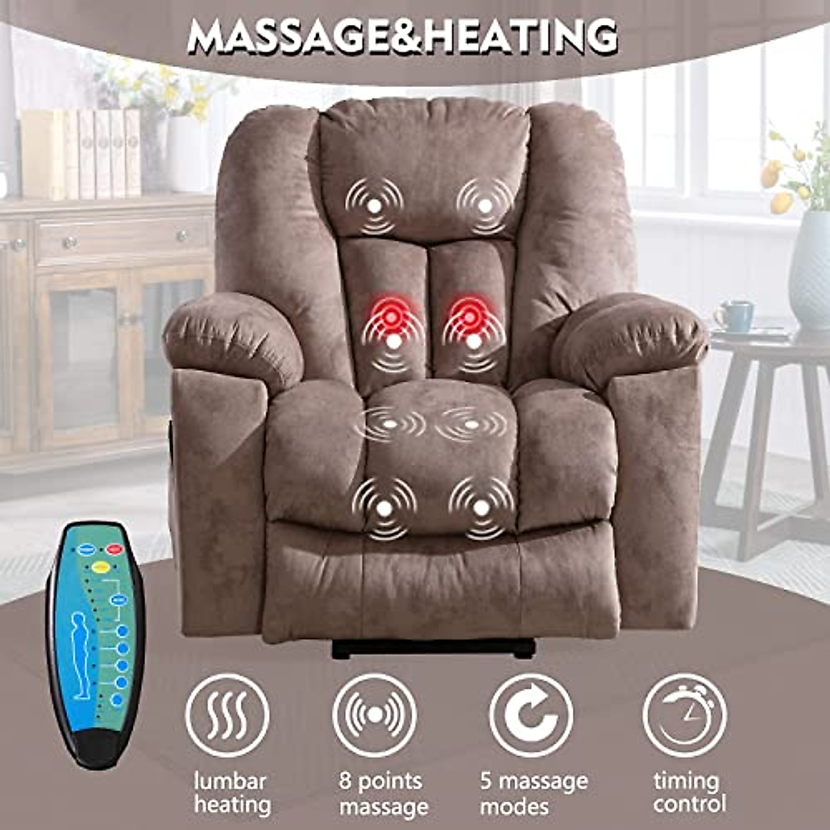 CANMOV Large Power Lift Recliner Chair with Massage and Heat for Elderly, Overstuffed Wide Recliner Heavy Duty and Safety Motion Reclining Mechanism with 2 Concealed Cup Holders, Light Brown