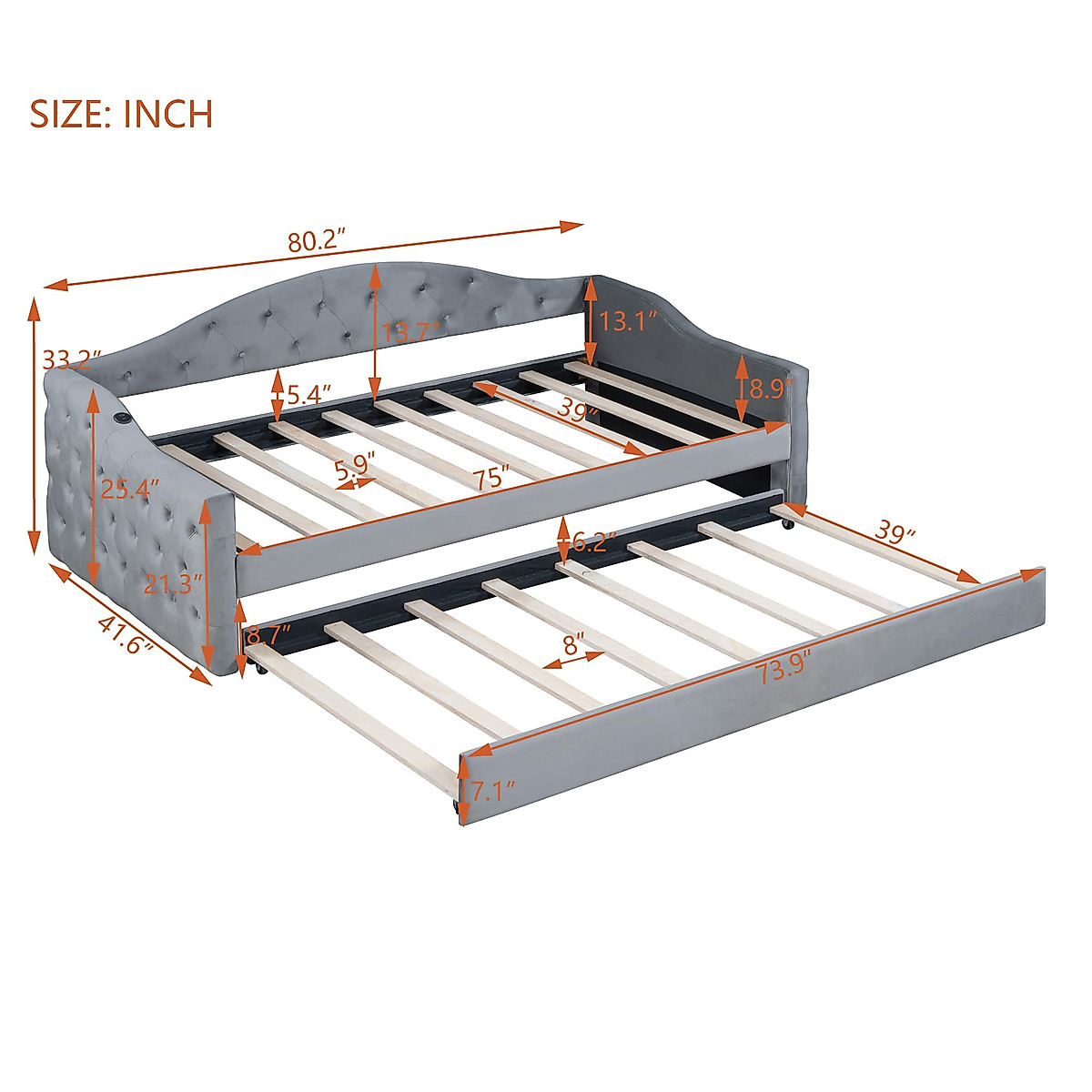 Harper & Bright Designs Twin Daybed with Trundle and USB & Type-C Charging Ports, Modern Upholstered Daybed Frame, Velvet Twin Sofa Bed Frame for Living Room, Bedroom, Gray