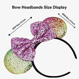 Makone Mouse Ears Headbands, Rainbow Sparkle Mouse Ears, Sequin Minnie Ears, Purple Bows Hairs Accessories, Party Princess Cosplay for Baby Girls & Women