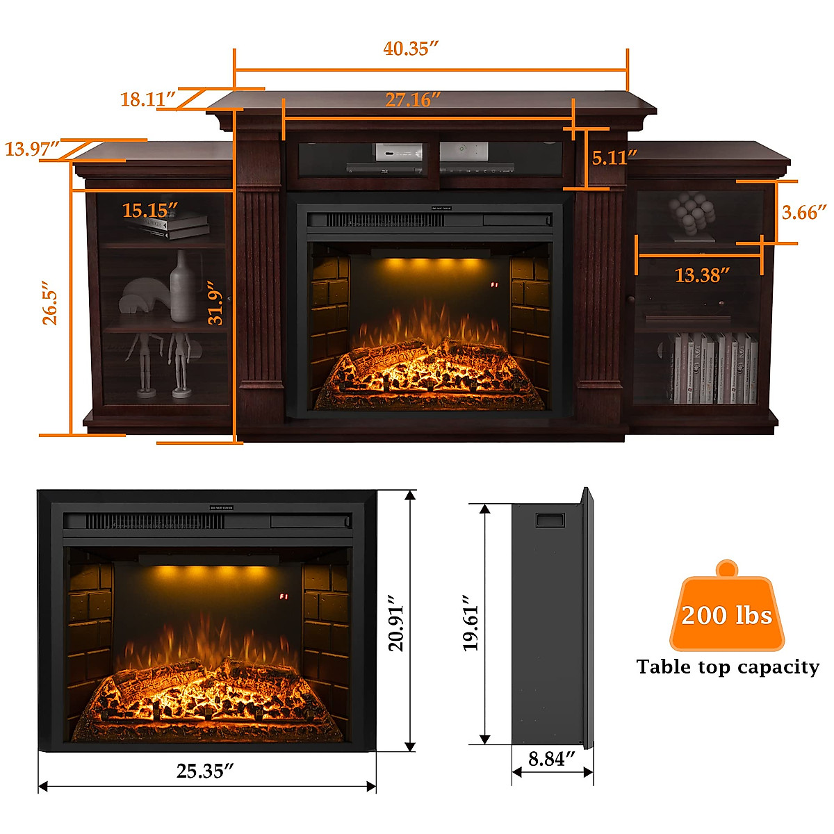 Velaychimney 67 Inch Electric Fireplace TV Stand, Wood Media Entertainment Center Table with Storage Cabinet & Adjustable Shelves, 25" Fireplace Insert Adjustable Flame, Crackling Sound (Brown)