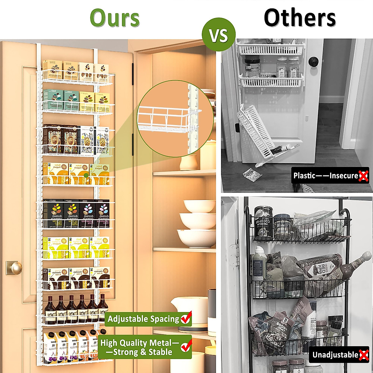 Churboro Over the Door Pantry Organizer Rack with 9 Adjustable Baskets, 9 Tiers Dual-use Hanging or Wall Mount Spice Rack Organizer, White