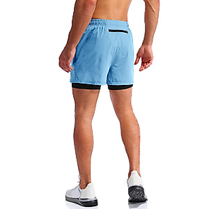 Pudolla Men’s 2 in 1 Running Shorts 5" Quick Dry Gym Athletic Workout Shorts for Men with Phone Pockets(Light Blue Medium)