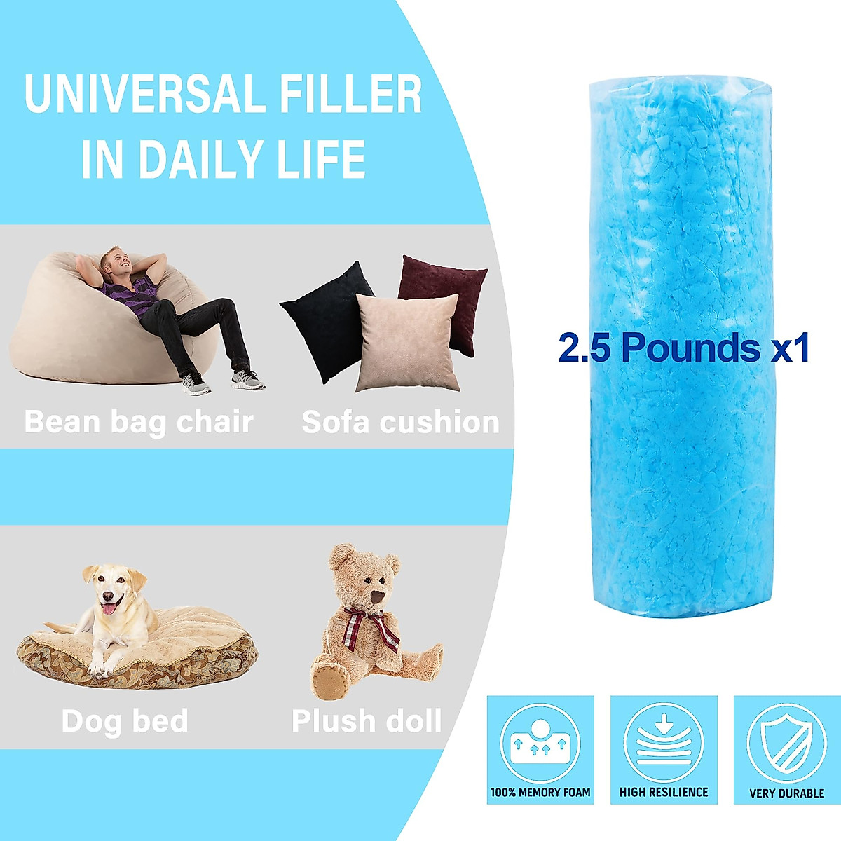 DR.DUDU 2.5lbs Bean Bag Filler Foam, Shredded Gel Memory Foam Filling, Premium Soft and Comfortable Pillow Stuffing Foam for Couch Cushion Dog Bed Chair Arts Crafts Stuffed Animal