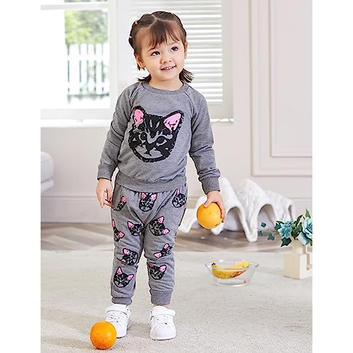 puseky Toddler Kids Girls Cute Cat Sweatshirt Tops & Pants Tracksuit Outfits Set (3T-4T, Grey)