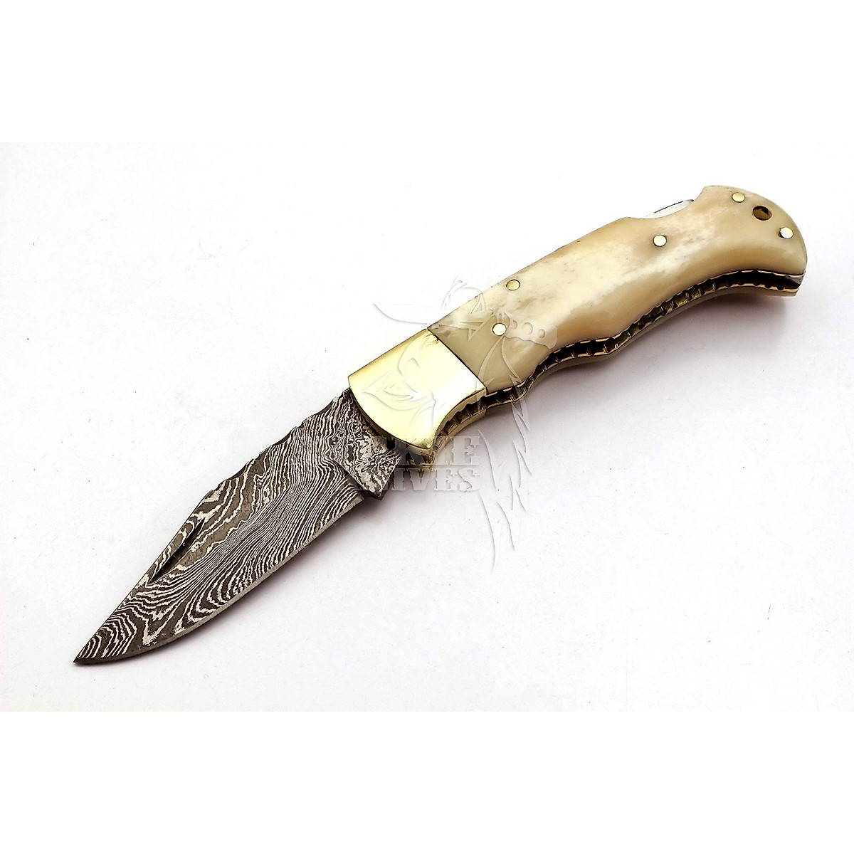Skokie Knives Custom Hand Made Damascus Steel Hunting Folding Knife Handle Camel Bone