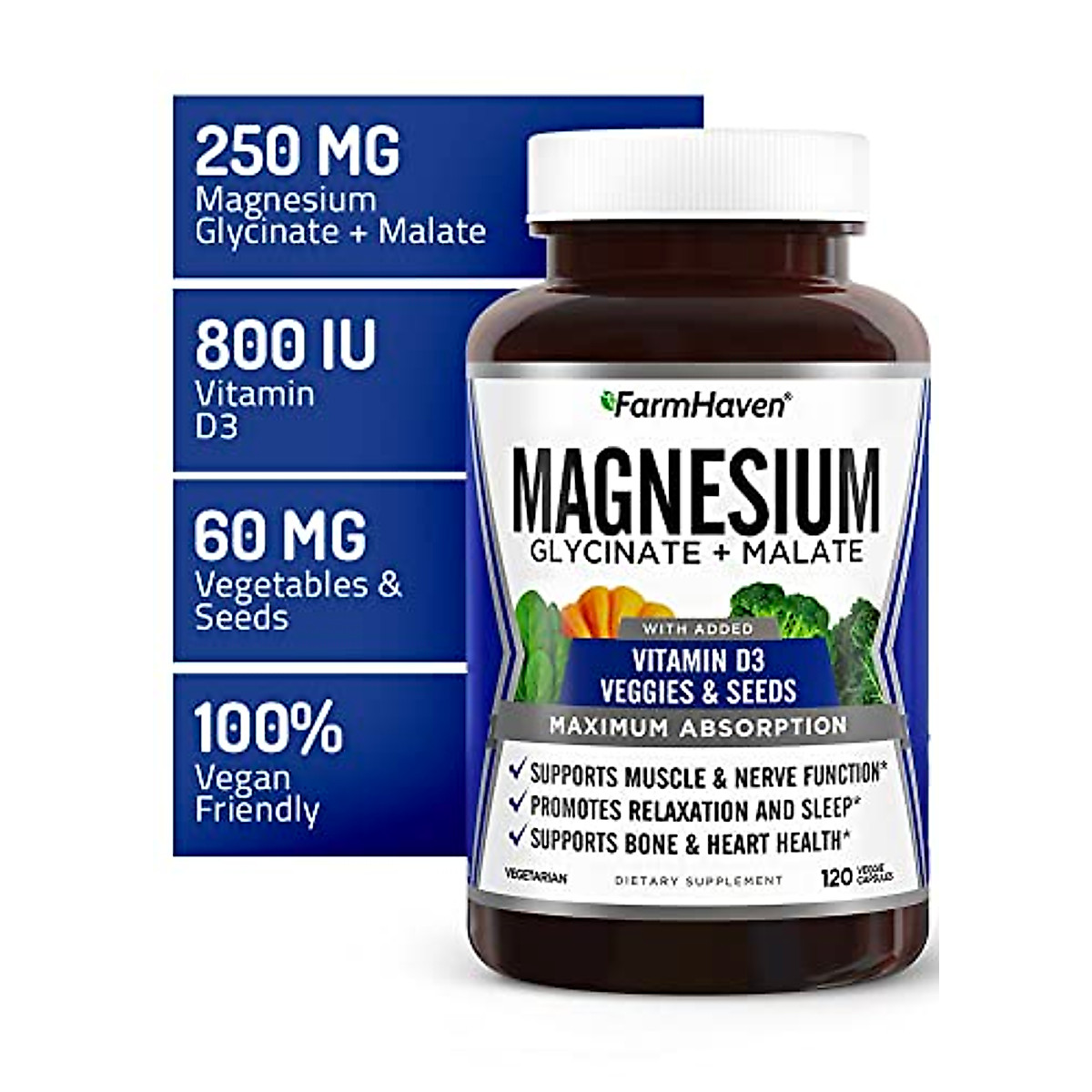 FarmHaven Magnesium Glycinate & Malate Complex w/Vitamin D3, 100% Chelated for Max Absorption, Vegan – Bone Health, Nerves, Muscles, 120 Capsules, 60 Days