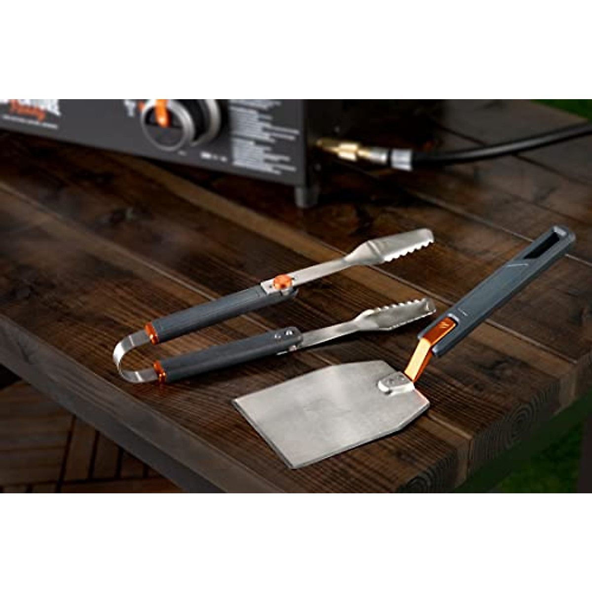 Blackstone 5294 Foldable 2 Piece Hamburger Spatula Flipper and 1 BBQ Tong-Flex Fold Model Stainless Steel-Easy to Carry and Clean Griddle Accessories Tool Set, Black, Orange
