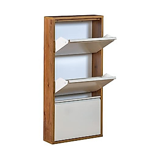KASER Shoe Storage Cabinet - Wood & Metal 3 Drawer 20" Wall Mountable Shoe Storage for Entryway with No Assembly - Shoe Cabinet for Entryway Slim - 2-3 Pair per Tier (Birch Color Frame)