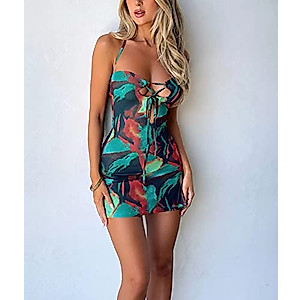 Fairy Ruffle Hem Mini Dress Spaghetti Strap Boho Print Short Dresses Y2k Backless Swing Aline Dress（Floral Blue，Medium）