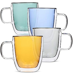 BTaT- Colored Double Walled Glass Coffee Mugs, Set of 4 (12oz, 350ml), Assorted Colors, Colorful Coffee Cups, Insulated Coffee Mug, Double Wall Glass Coffee Cups, Tea Cups
