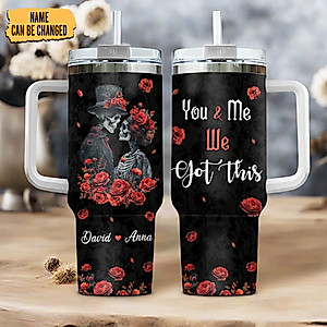 Hyturtle Personalized Romantic Skull Tumbler - Couple Gift For Women Men - Skull Valentines Day Gifts For Her - Romantic Gifts For Skeleton Lovers - Custom Name Travel Coffee Cup 40oz With Lid Straw