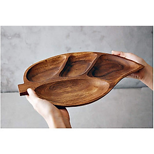 Acacia Premium Leaf Shaped Wooden 4-Compartment Divided Wood Accent-Plates Divided Dessert Dish Serving Trays Platters 4 Section