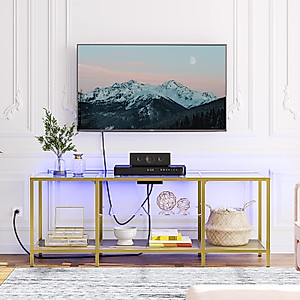 HOOBRO TV Stand with LED Lights and Power Outlets for TVs up to 65", Modern 55 Inch Tempered Glass TV Console Table with Open Shelves, Media Entertainment Center for Living Room, Gold GD145UDS01
