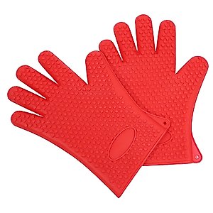 JOVEHO Silicone Non-Slip Oven Mitts, Heat Resistant Gloves, Waterproof Oven Gloves, Kitchen Oven Mitts for BBQ, Cooking, Baking, Frying-Red