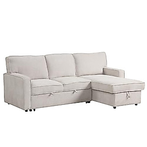 FULife Convertible Pull Out Sleeper Sectional Sofa Bed with Reversible Storage Chaise,USB Port&2 Cup Holders on Back Cushions,Upholstery L Shape 3 Seaters Corner Recliner Chaise Lounge Couch