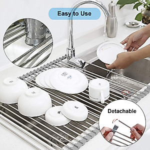 Booreina Over The Sink Dish Drying Rack, Roll up Sink Dish Drainer Rack Multipurpose Foldable Kitchen Stainless Steel Dish Rack Sink Drying Rack (17” x 11.8”)