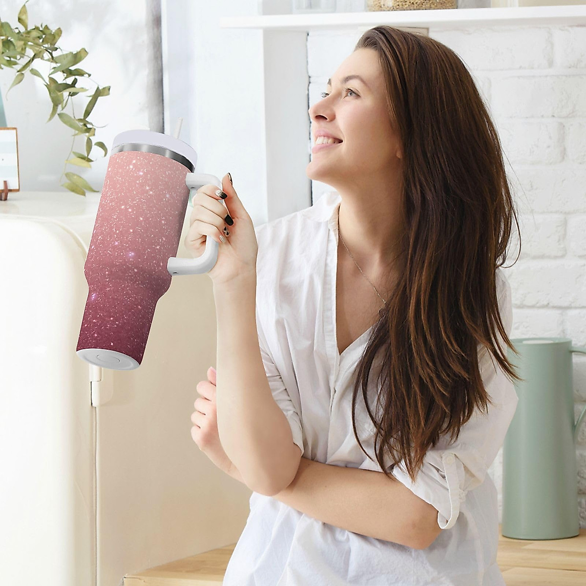 Rose Gold Glitter Sparkle 40 oz Tumbler with Handle and Straw Lid, Sequins Insulated Coffee Cup Reusable Stainless Steel Water Bottle Travel Mug Cupholder Friendly,Gifts for Women Men