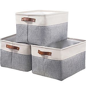 WEHUSE Large Cloth Storage Baskets for Shelf, Collapsible Fabric Rectangular Closet Storage Bins with Leather Handles, Grey 15.8 L x 12 W x 10 H Inch