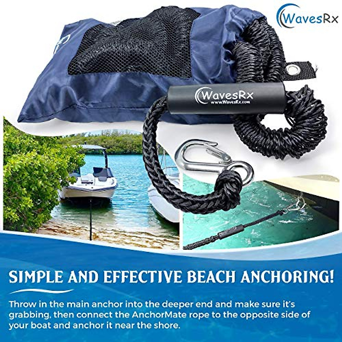 WavesRx 14'-50' AnchorMate Bungee Line | Safer Anchoring for Boats & Pontoons | Elastic Rope Extends to Absorb Wake Tugs and Keep Anchor from Dislocating | Includes Bag, Stainless Steel Hook & D Ring