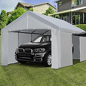 Garvee Carport, 10'x 20' Heavy Duty Carport Canopy with Semi-Auto Ventilated Windows & Roll-up Door w/Zipper, Portable Garage with Steel Frame and Waterproof UV-Treated Cover for Car, Boats, Truck