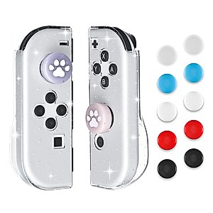 GLDRAM Glitter Case for Nintendo Switch & Switch OLED Joy Con, Soft TPU Joy Con Shell with 12 Thumb Caps, Comfortable Clear Skin Compatible for Joycon Controller, Ergonomic Grip Case Cover