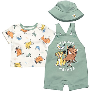 Disney Lion King Simba Timon Pumbaa Newborn Baby Boys French Terry Short Overalls T-Shirt & Hat 3 Piece Outfit 3-6 Months