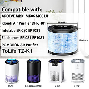 MK01 MK06 Air Filter Replacement compatible with AROEVE MK01 MK06 and ToLife TZ-K1 POMORON MJ001H EPI081/EP1081 and EPI080/EP1080 dh-jh01 replacement filter 4-in-1 High-Efficiency H13 HEPA Air Filter