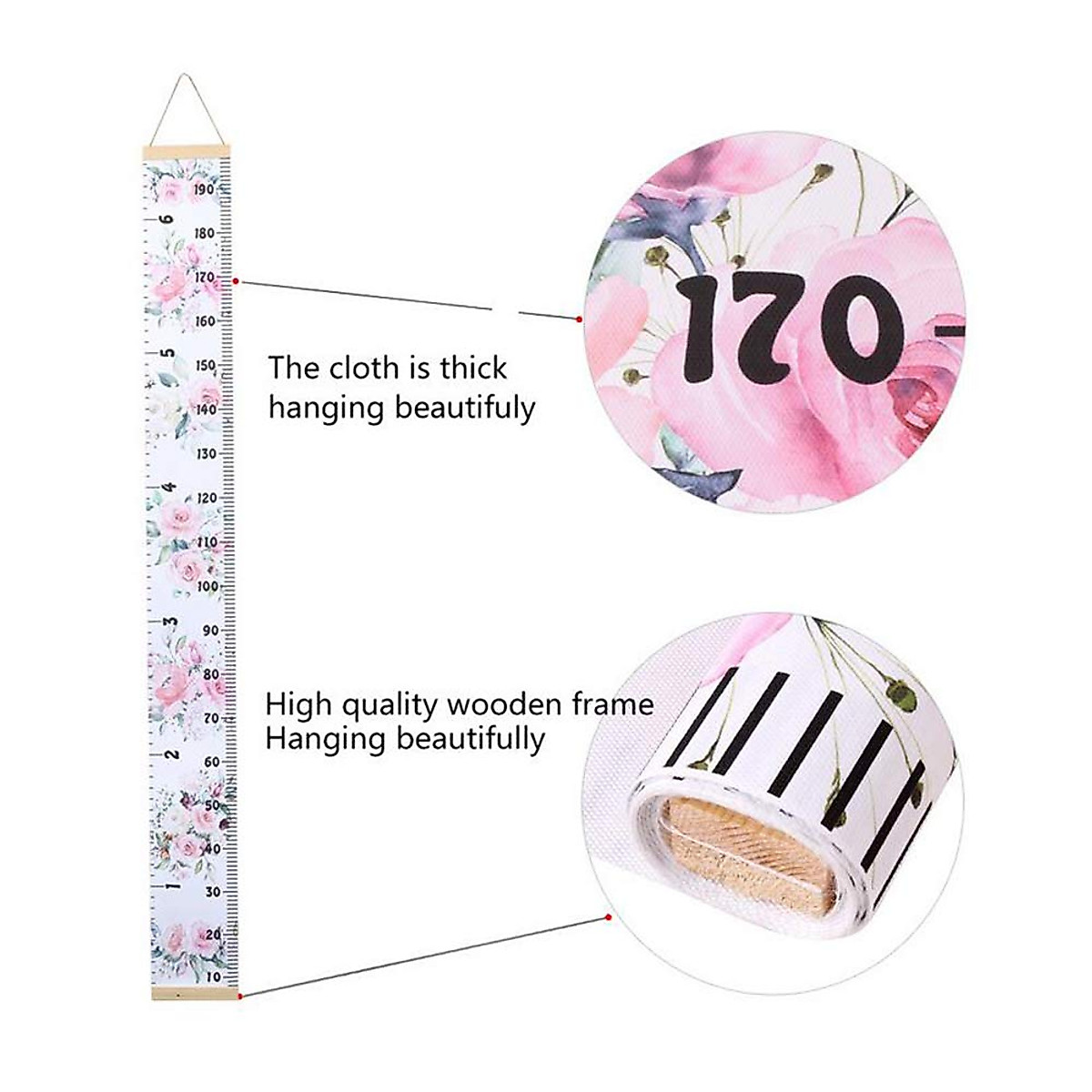 XINGZI Kids Baby Growth Chart Ruler 8 x 79 inch Wood Frame Height Measure Chart Canvas Pink Flower Hanging Removable Wall Ruler Wall Decor Nursery Decoration for Kids Girls Boys Toddlers Gift