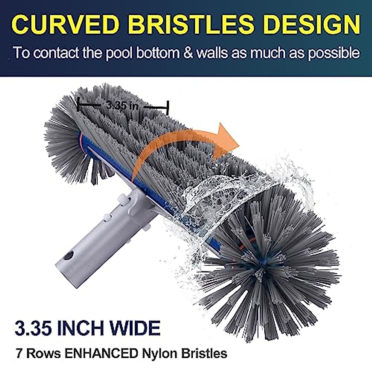 POOLAZA Pool Brush Head, 17.5" Round Ends Pool Brush with Sturdy Aluminum Handle & Durable Nylon Bristles, Professional Pool Brushes for Cleaning Pool Walls, Floors Steps & Corners(Blue)