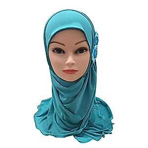 Kids Girls Lovely Muslim Hijab with Flowers Anti-UV Sun Protection Breathable One Piece Islamic Head Scarf Shawls Arabian Turban for 2-6 Years Blue