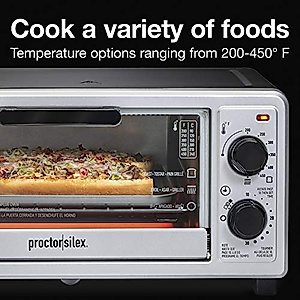Proctor Silex 4 Slice Countertop Toaster Oven, Multi-Function with Bake, Toast and Broiler, 1100 Watts, 30 min timer and auto-shutoff, Includes Backing Pan and Rack, Black and Silver (31260)