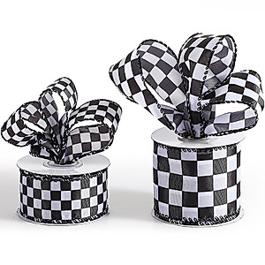 Geosar 2 Rolls Black and White Gingham Checked Ribbon Buffalo Plaid Ribbon Christmas Wrapping Ribbon for Bows, Wreath, Wrapping and Crafts (10 Yard/Roll)