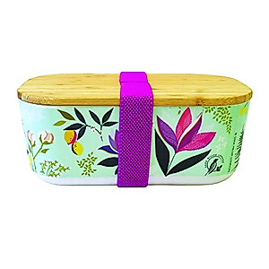 Portico Designs Bamboo Lunchbox Sara Miller London Plastic-Free Bento Box Lunch Container, 7.75" x 4.75", Orchard Floral-Duck Egg