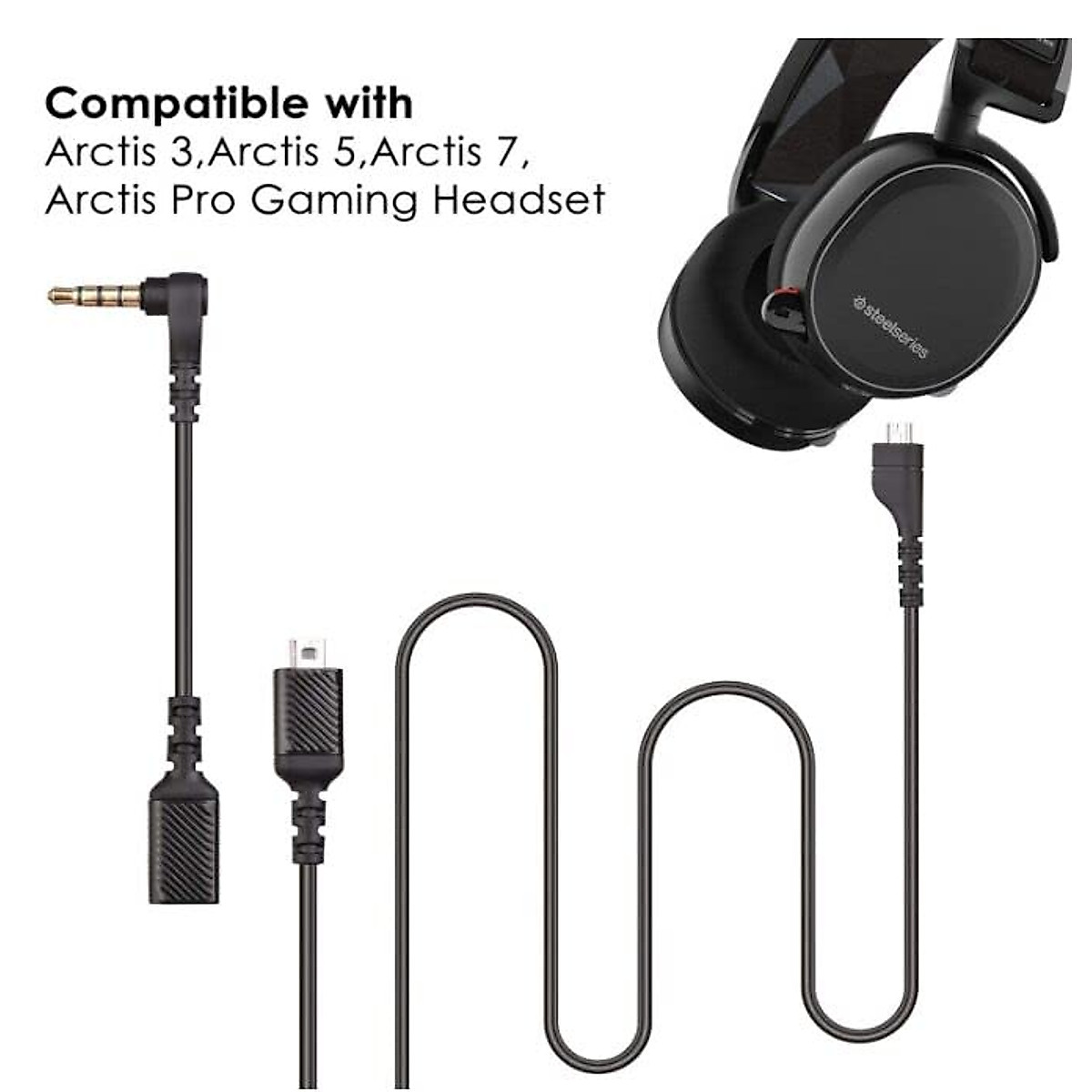 EARLA TEC Replacement Audio Cable Cord, Compatible for SteelSeries Arctis 3 /Arctis 5/ Arctis 7 /Arctis Pro Gaming Headphones with Male to 3.5mm Female Cable Adapter (with 3.5mm converter, Black)