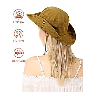 Wide Brim Bucket Sun Hat Packable Cotton Washed UPF 50 Beach Hat for Women Men with Strings Cowboy Outdoor Safari Boonie Cap Brown