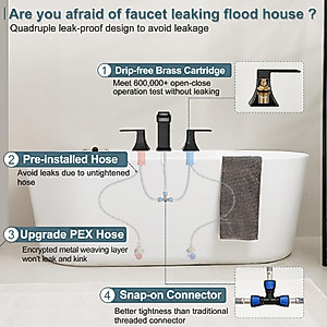 HEYMYTAP Brass High Flow Roman Bathtub Faucet Black Tub Faucet, Waterfall Bath Tub Faucet Set 3 Hole, Widespread Bathtub Faucets Deck Mount Bath Tub Faucets with 2 Knob, Pre-Installed Water Hose