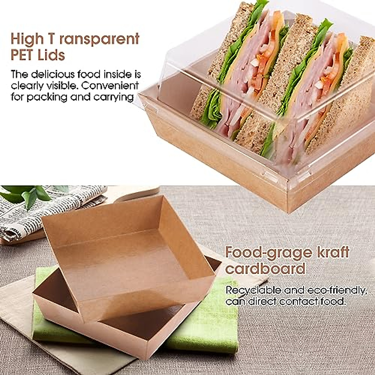 DESUNESS 50 Pack Paper Charcuterie Boxes with Clear Lids, 5" Brown Oil-Proof Paper Dessert Boxes Food Containers for Bakery, Macaron, Sandwich, Cookies, Mini Cakes (Box)