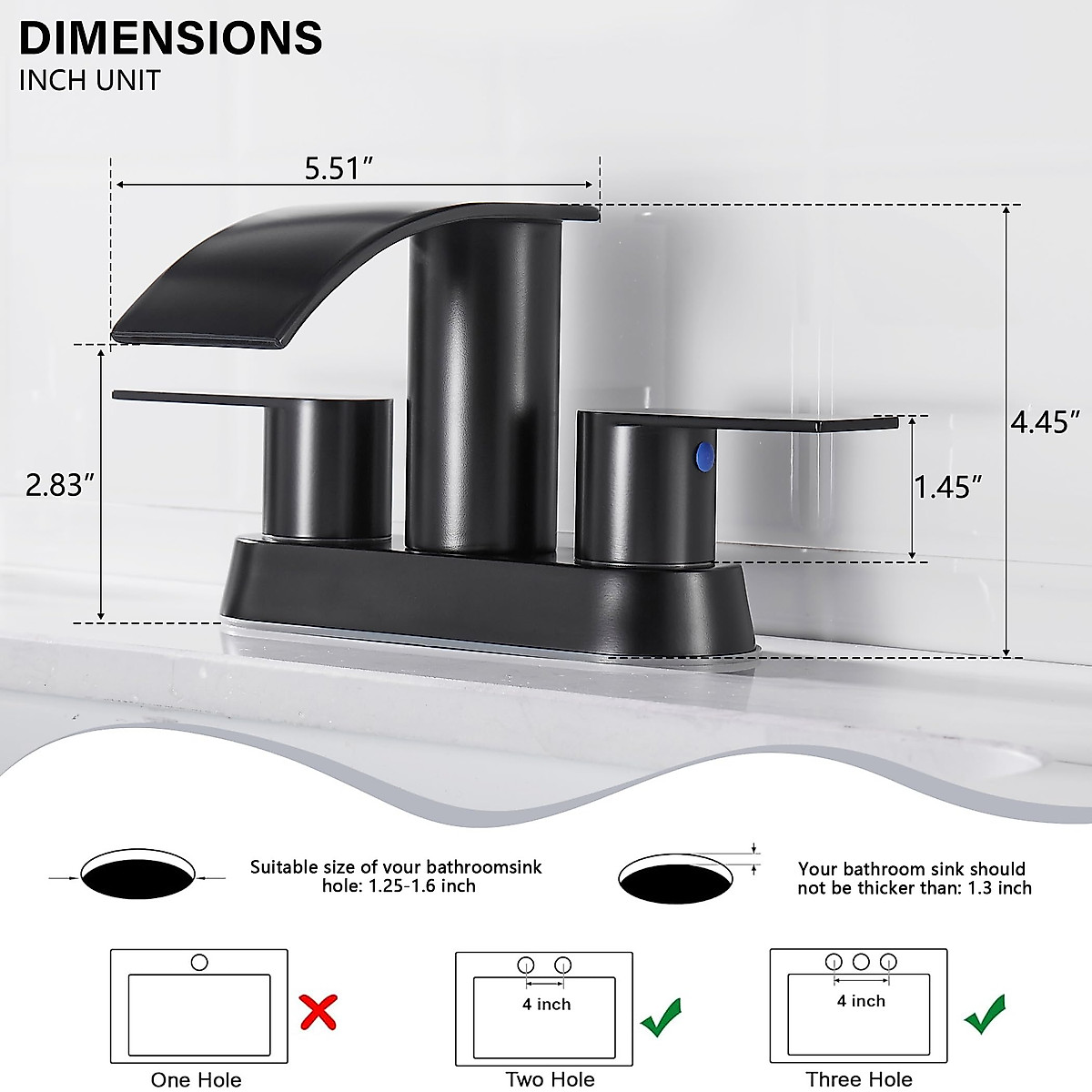 Waterfall Bathroom Sink Faucet 4 Inch Faucet 2 Handle Lead-Free Black, Bathroom Faucet with Water Supply Lines Pop Up Drain, 2 or 3 Holes Bathroom Basin Lavatory Mixer Tap with Deck Mount Plate