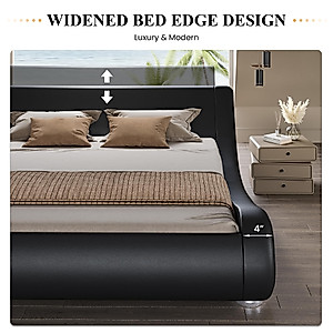 SHA CERLIN King Size Upholstered Bed Frame, Deluxe Low Profile Sleigh Bed with Faux Leather Ergonomics Headboard, No Box Spring Needed & Easy Assembly, Black