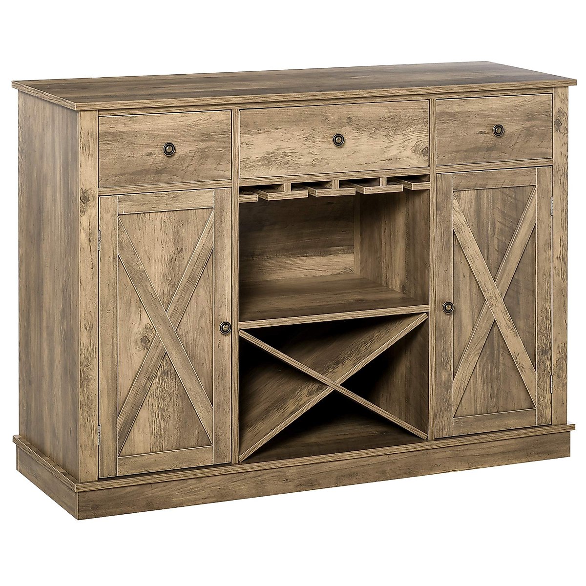 HOMCOM Farmhouse Coffee Bar Cabinet, Wine Cabinet with 3 Drawers, Sideboard Buffet Cabinet with X-Shaped Wine Rack and Stemware Holder, Rustic Oak Grain