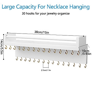 OURISE Necklace Holder Wall Hanging Jewelry Organizer with 30 Hooks & Cosmetics Shelf,Wall Jewelry Organizer for Necklaces Bracelet Earrings Ring